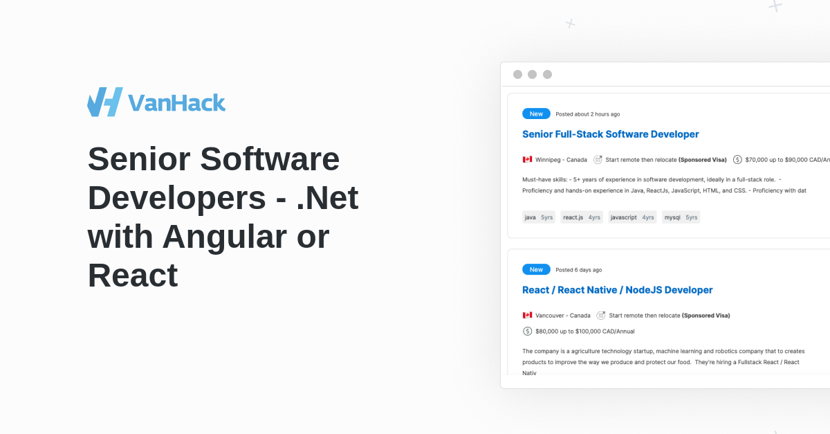 Senior Software Developers - .Net with Angular or React - VanHack